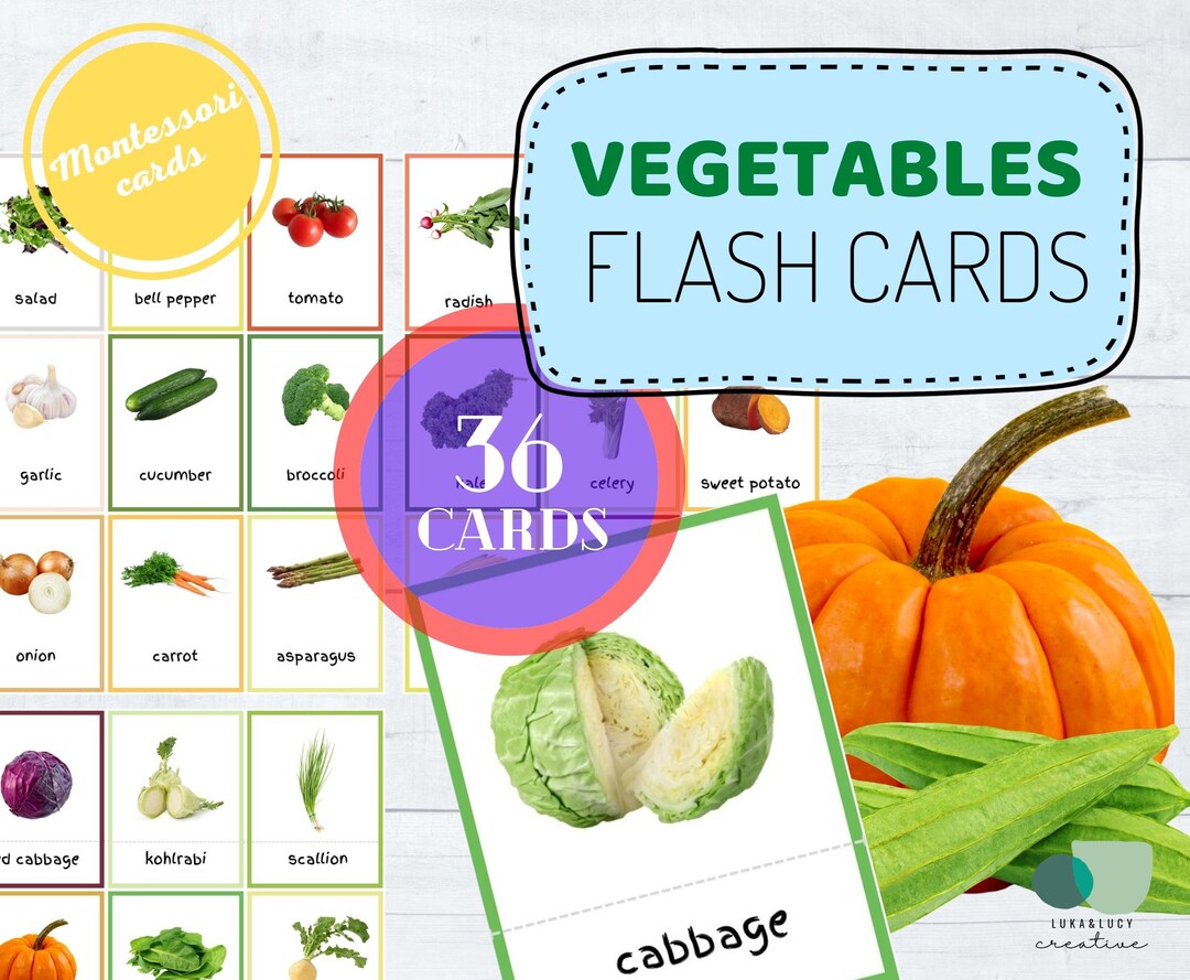 Montessori Three Part Real Vegetables (36 Cards) Flash Cards, Preschool ...