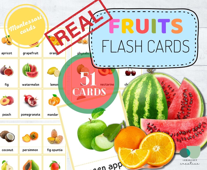 FRUITS (real Pictures), 51 Montessori Cards, Flashcards Pdf Printable ...