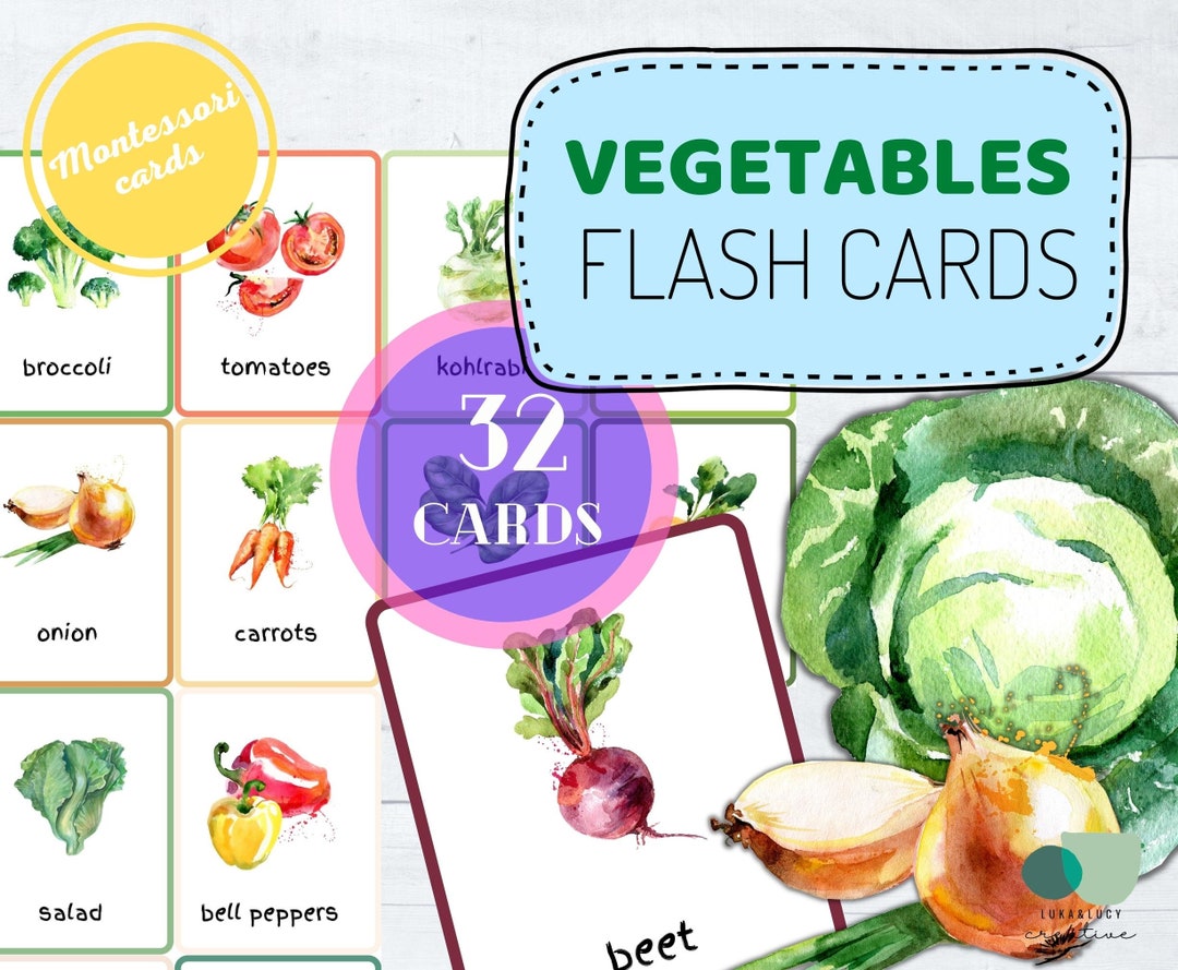 Montessori Three Part Vegetables (32 Cards) Flash Cards, Watercolor ...