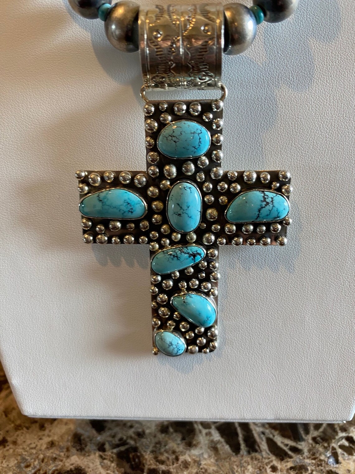 Large Rare Spider Web Turquoise Sterling Cross Pendant and Navajo Pearl ...