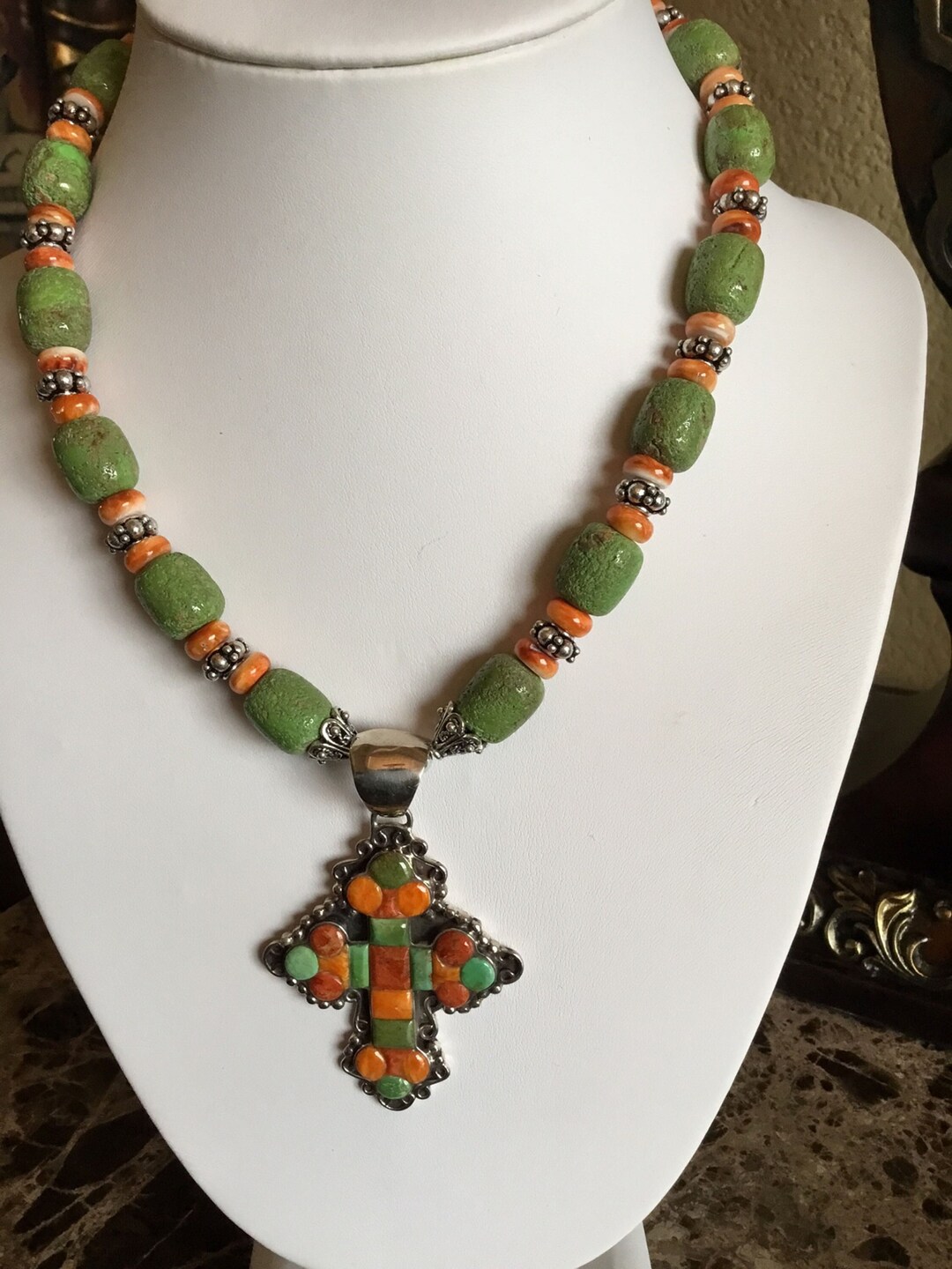 Gaspeite and Orange Spiny Oyster Cross Necklace - Etsy