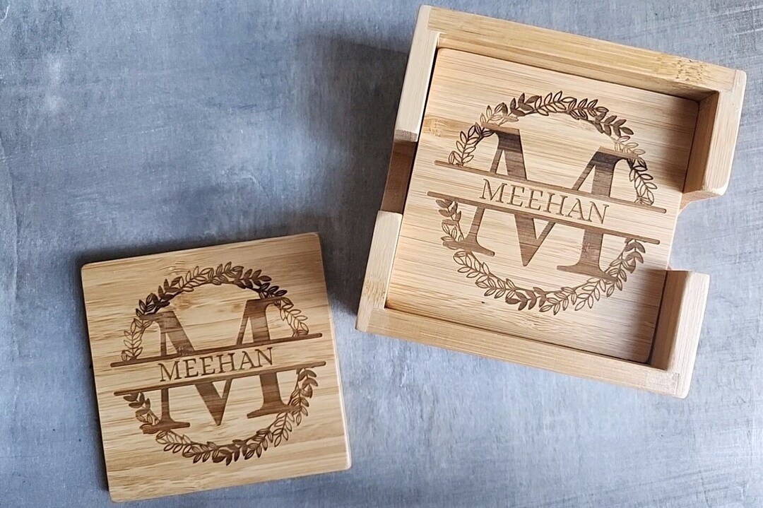 Personalized Monogram Coaster Set | Engraved Bamboo Coaster Set With ...