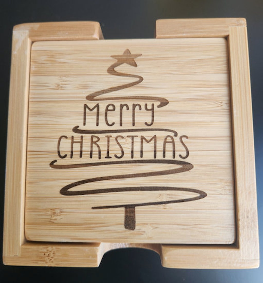 Merry Christmas Coasters Christmas Trees Coaster Set Bamboo - Etsy