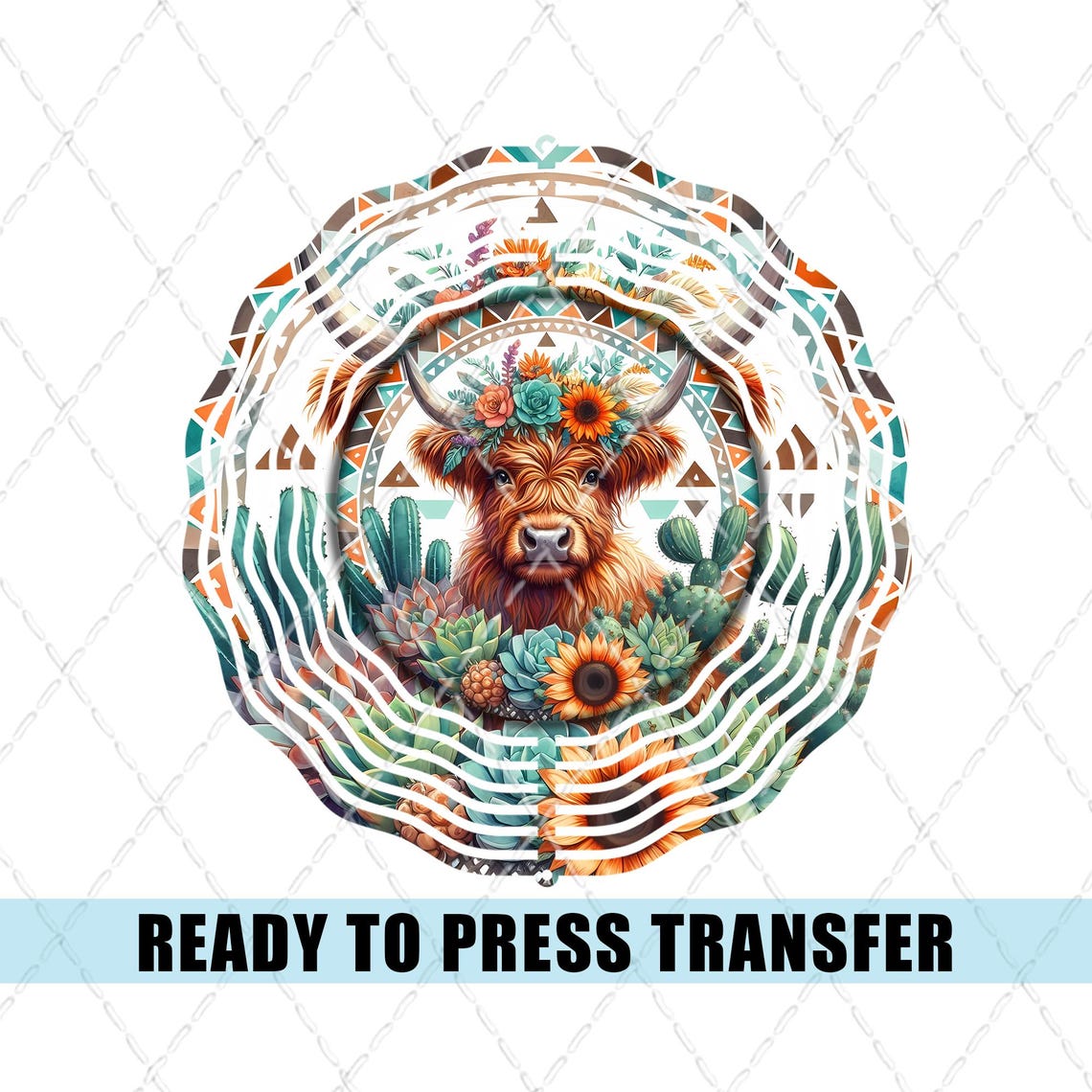 Aztec Highland Cow Wind Spinner Sublimation Transfer - Ready to Press ...