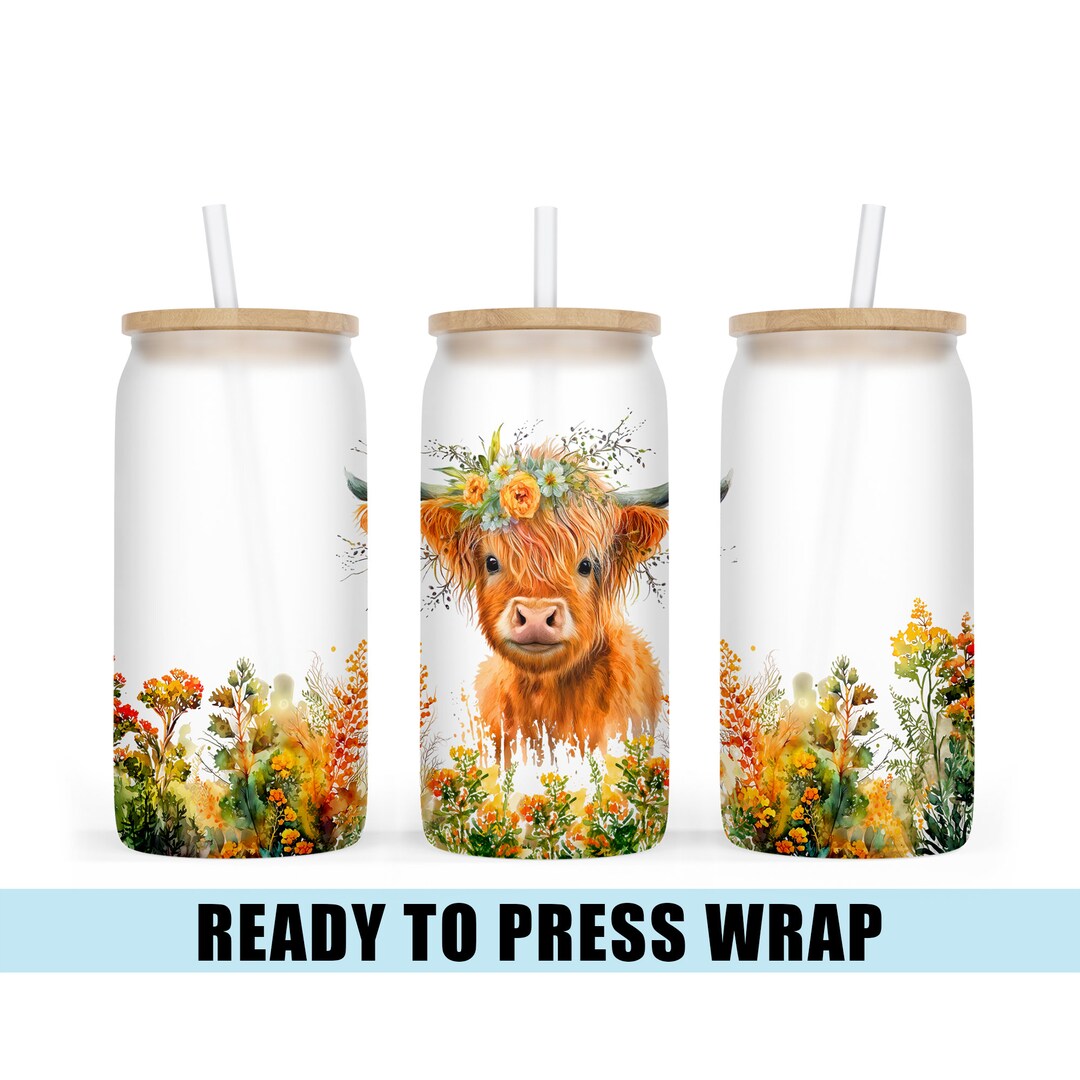 Floral Highland Cow Glass Can Wrap - Sublimation Heat Transfer (16 OZ ...