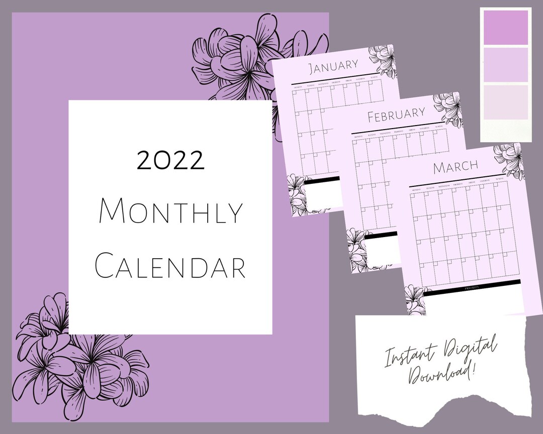 2022 Floral Purple Calendar Instant Download - Etsy