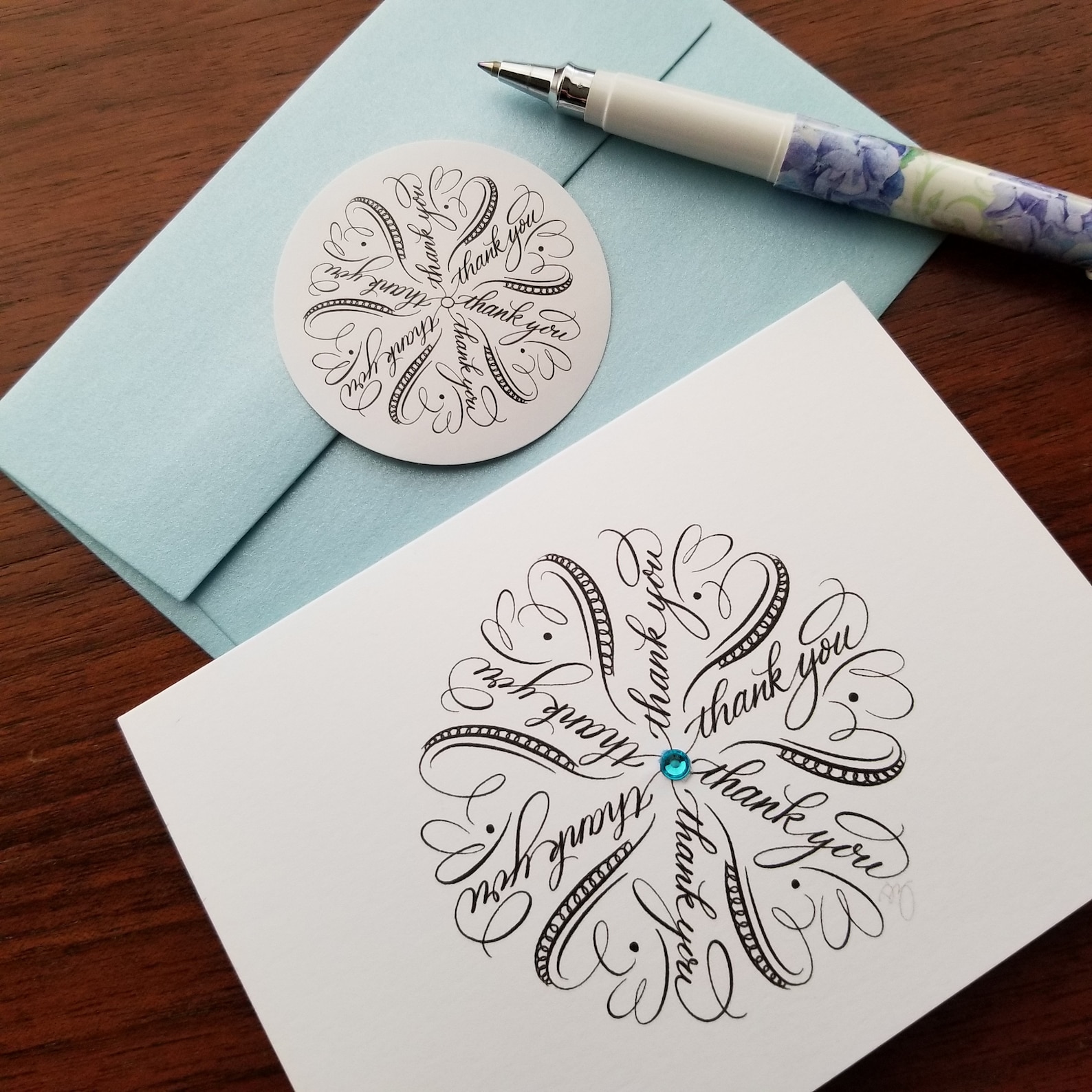 Calligraphy Flourished Snowflake Thank You Note Cards With Envelope ...