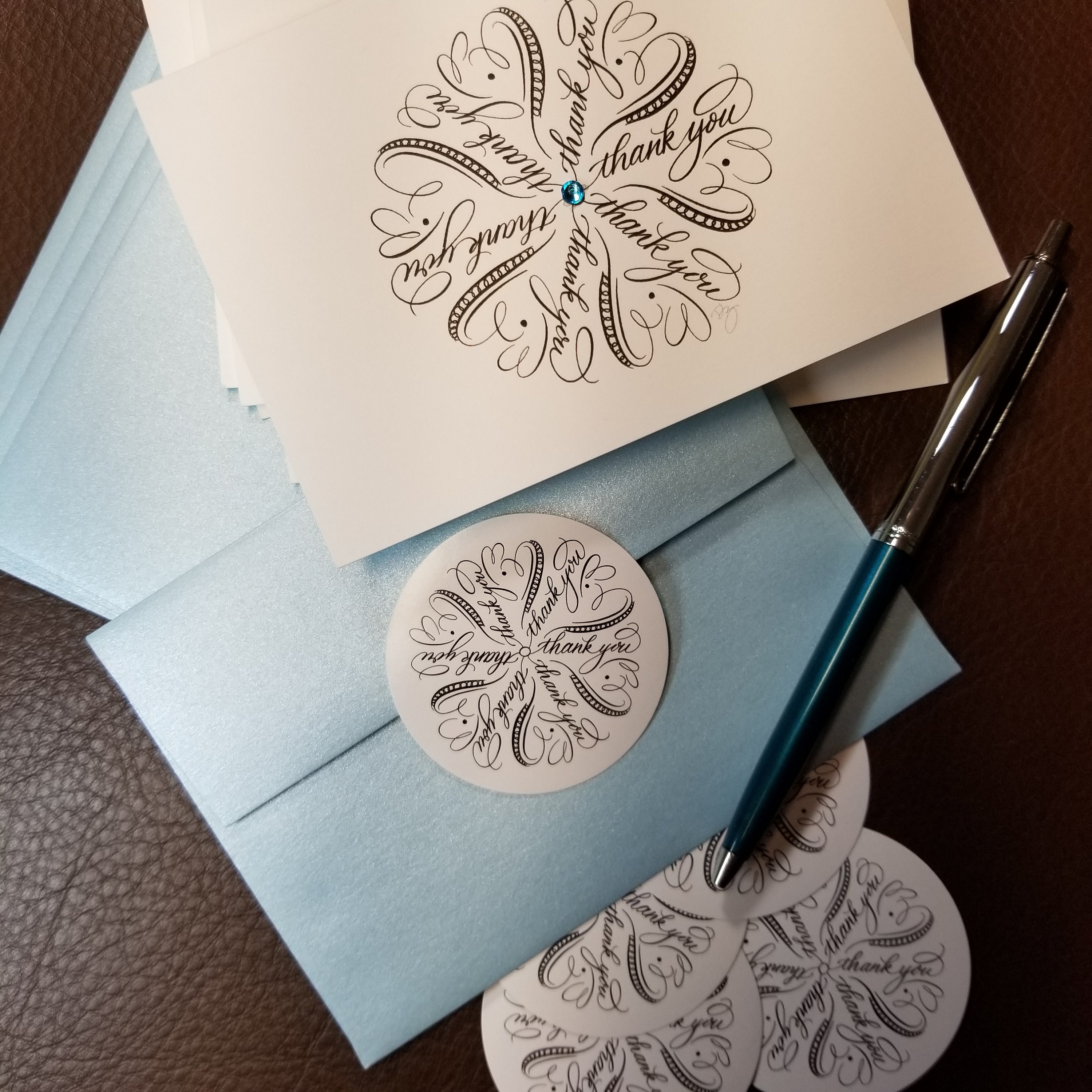 Calligraphy Flourished Snowflake Thank You Note Cards With Envelope ...