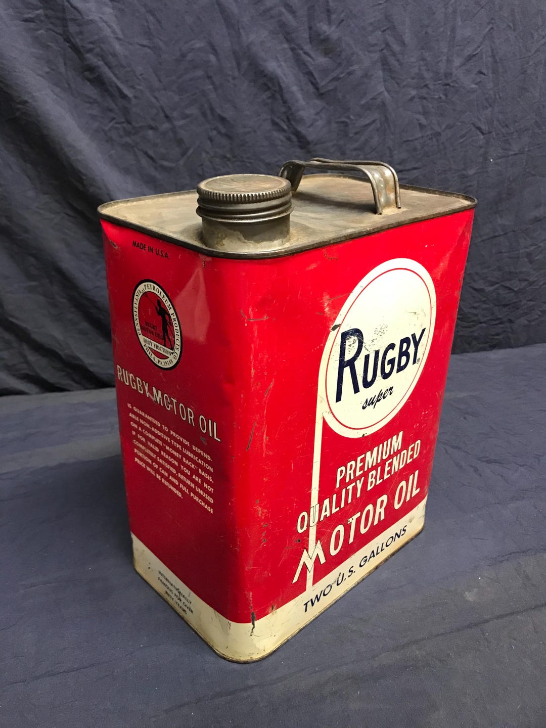 Vintage 2 Gallon Rugby Super Motor Oil Can. LARGE Rugby Oil Can. Metal ...
