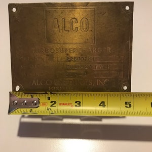 Vintage ALCO Brass Diesel Engine Turbosupercharger Builders Plate ...