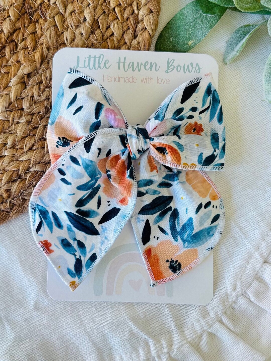 Watercolor Blue and Orange Floral Fable Hair Bow, Hair Bows for Girls ...