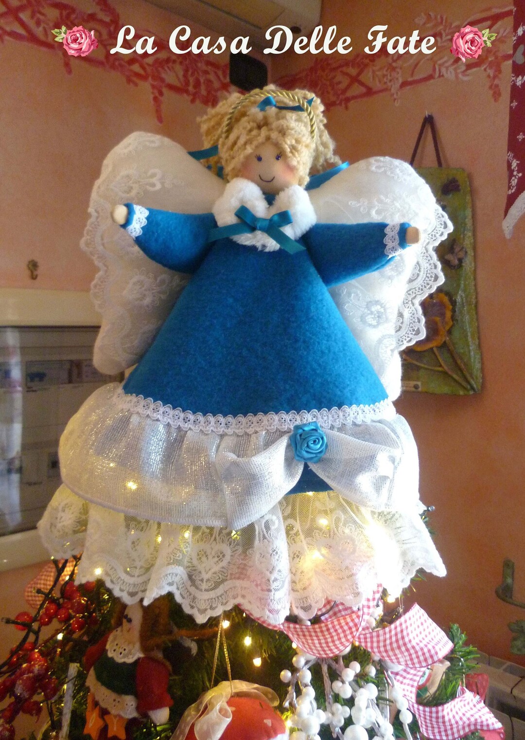 Christmas Light Blue Angel Tree Topper With Satin Rose, Shabby-chic ...