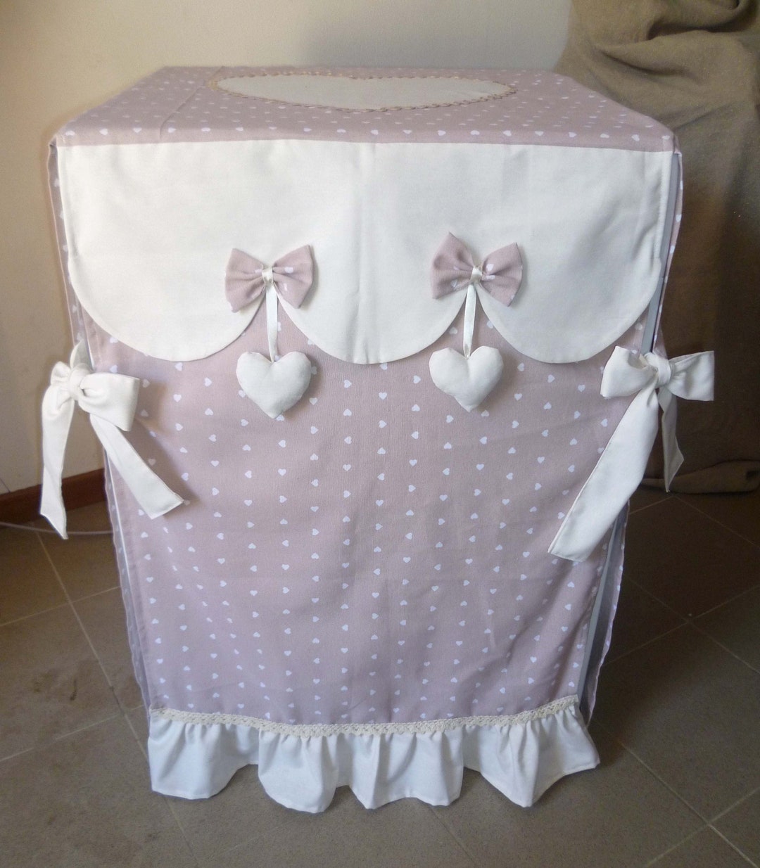 Shabby-chic Beige White Hearts Washing Machine Cover, Washer-dryer ...