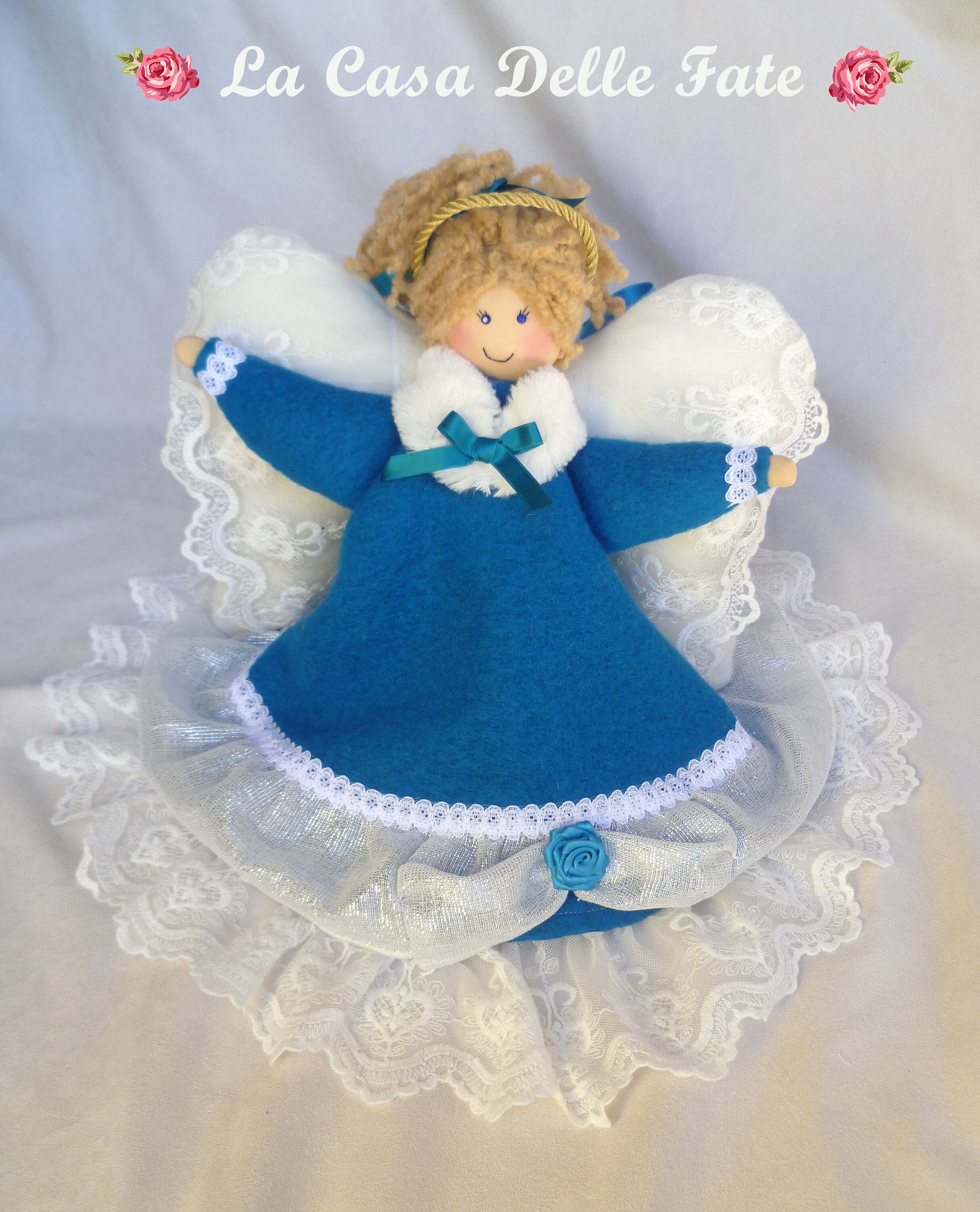 Christmas Light Blue Angel Tree Topper With Satin Rose, Shabby-chic ...