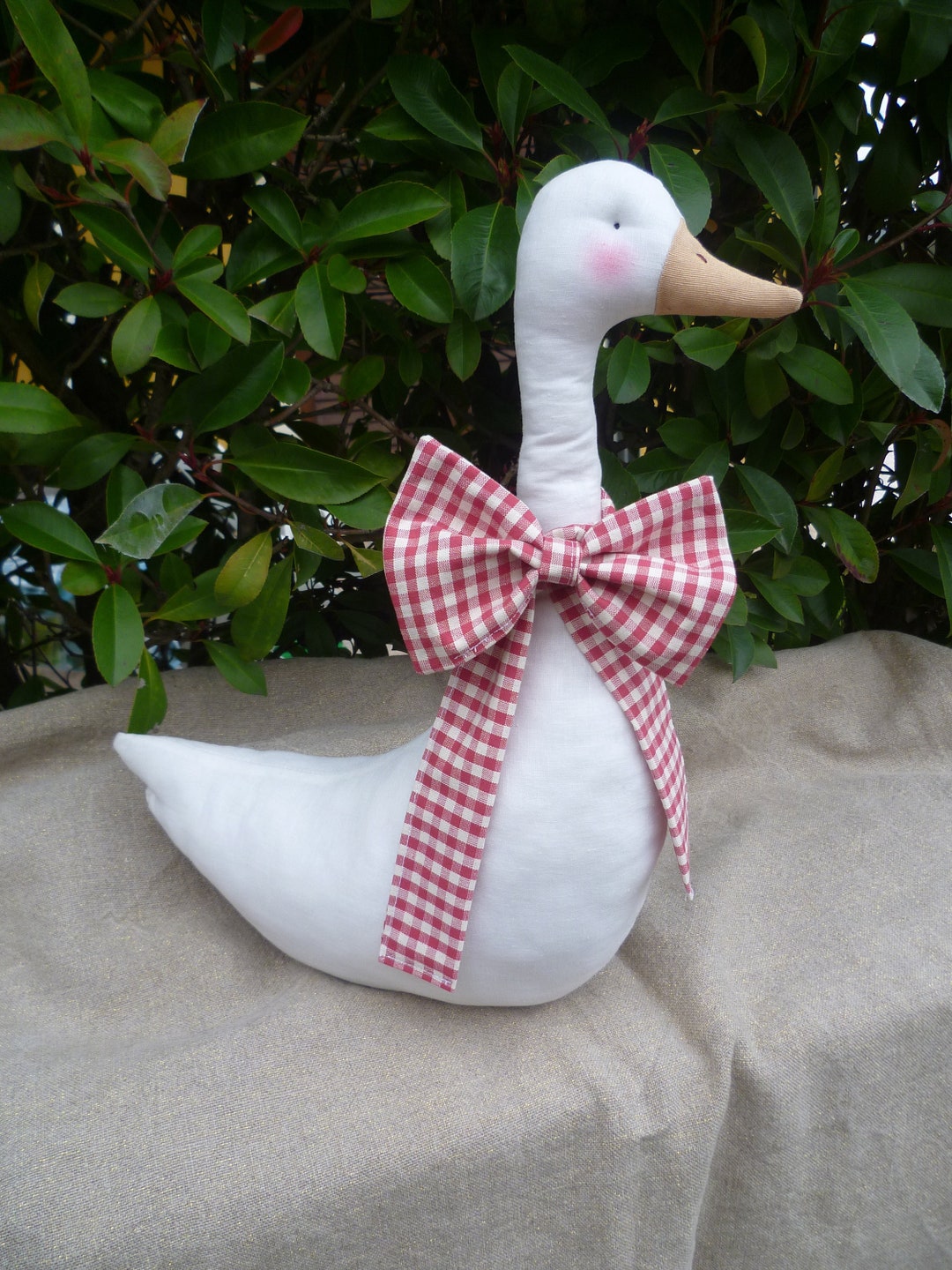 Country-chic Goose in White Linen With Bow, Handmade Door Stop Goose ...