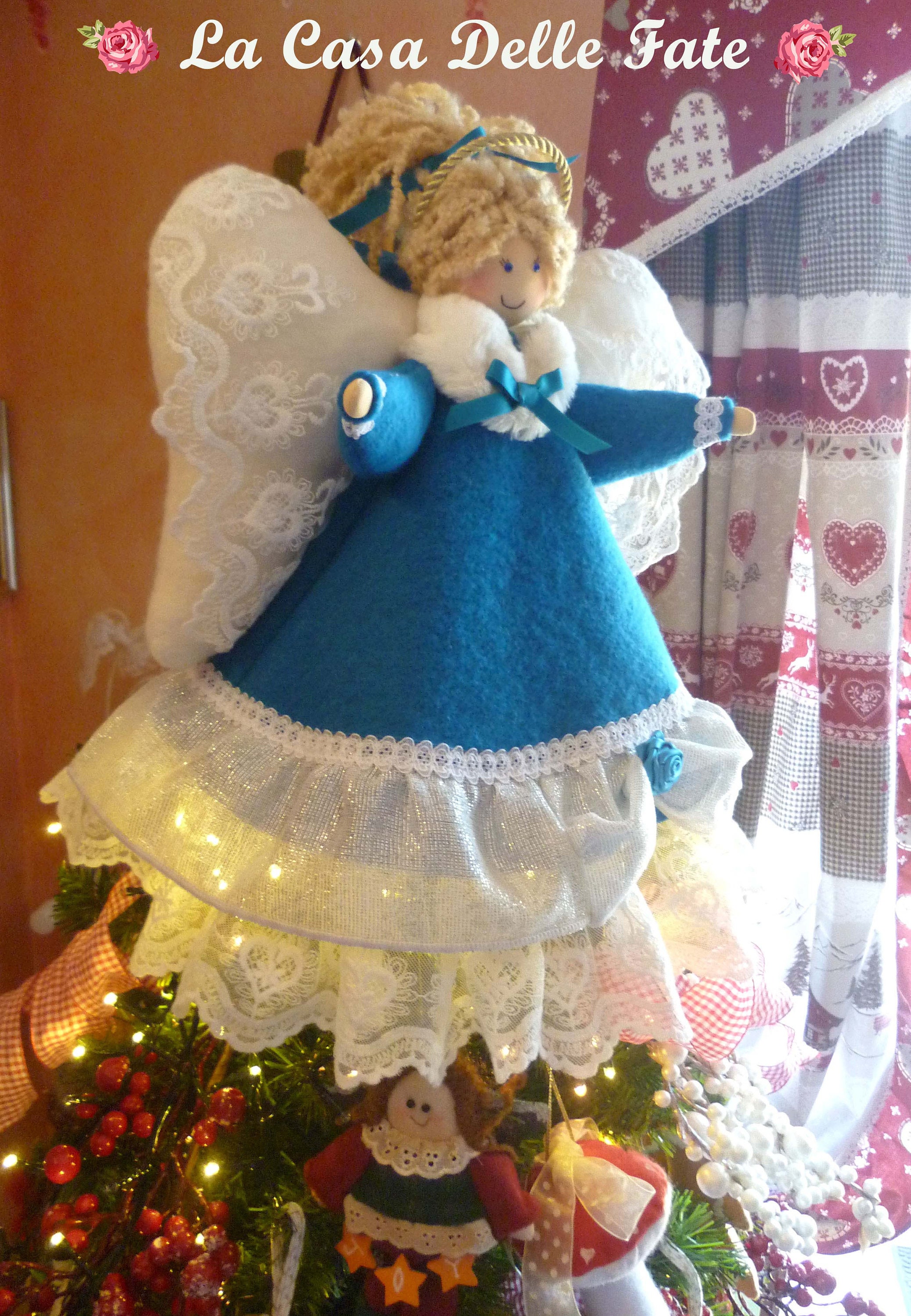 Christmas Light Blue Angel Tree Topper With Satin Rose, Shabby-chic ...