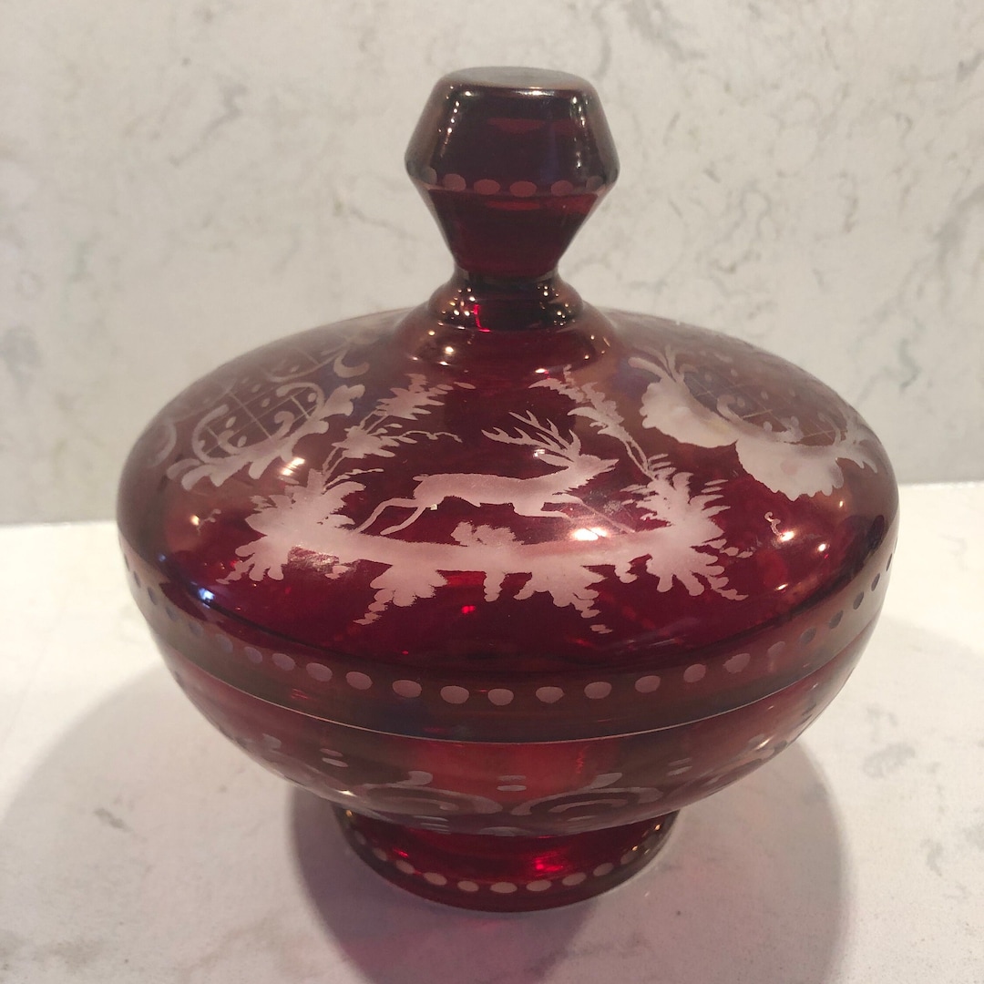 Vintage Czech Ruby Red Etched Cut Clear Glass Candy Dish Stag/1940’s - Etsy