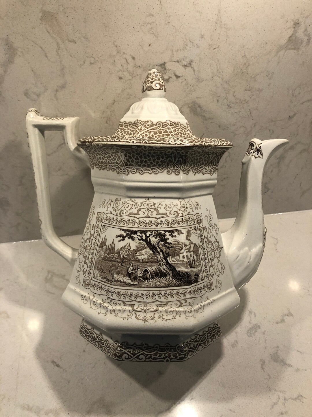 Lovely Antique Octagonal Brown and White Transferware Teapot “gipsy ...