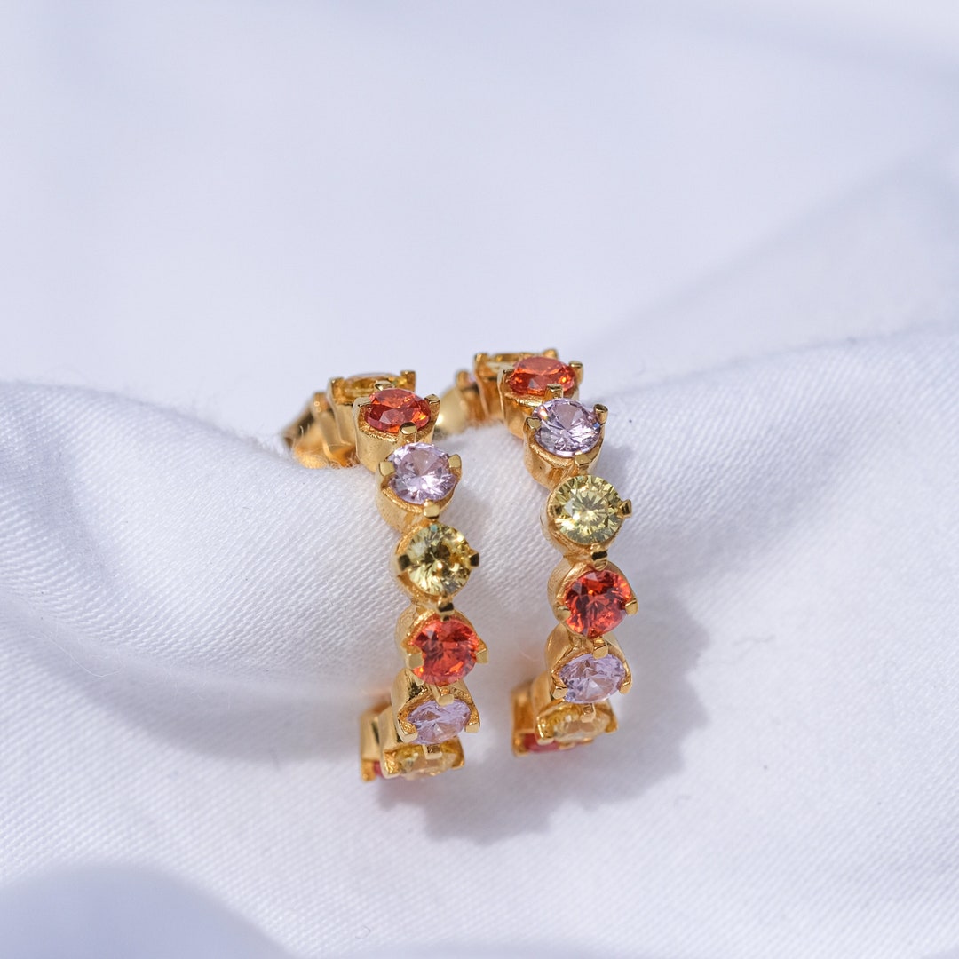 Multi Colour Huggies Mini Hoops in Gold Plated Sterling Silver Rainbow ...