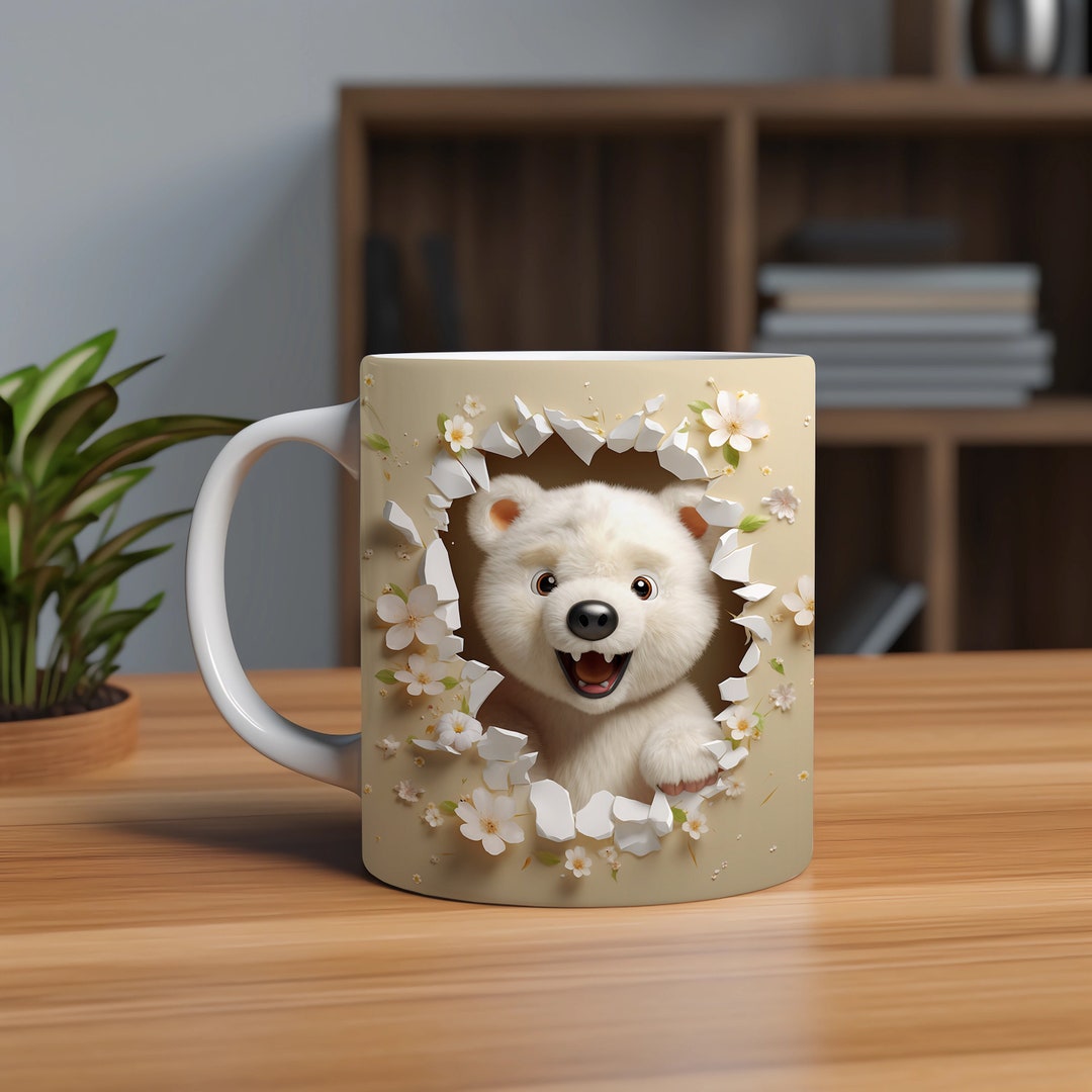3D Hole in A Wall Cute White Bear Mug 3D Flower Mug, 3D Mural Mug, 11oz ...