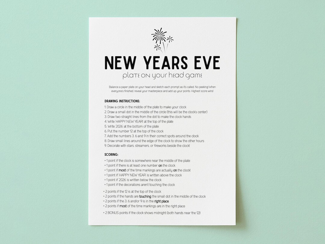 NYE Plate on Your Head Game, New Year's Eve Drawing Game, Activities ...