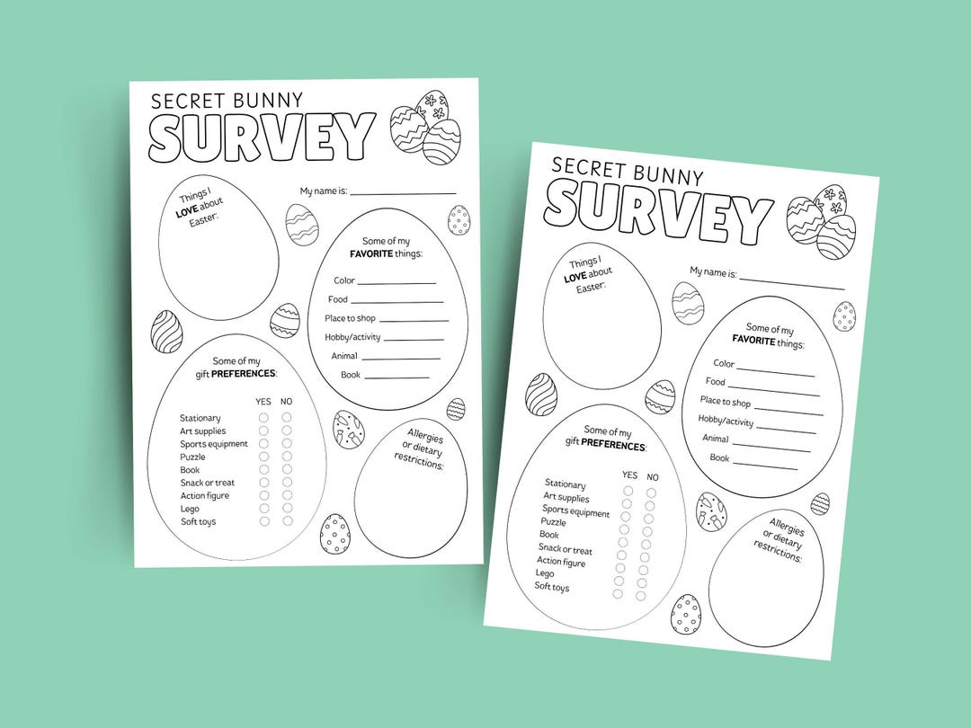 Secret Bunny Survey . Easter Gift Exchange . Kids Questionnaire ...