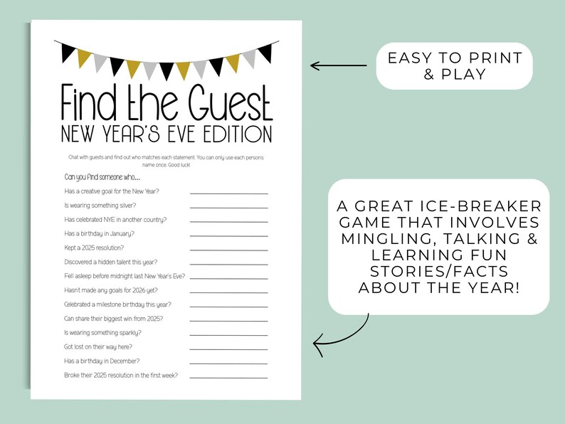 New Year's Eve Find the Guest, Ice Breaker Game, NYE Find the Guest ...