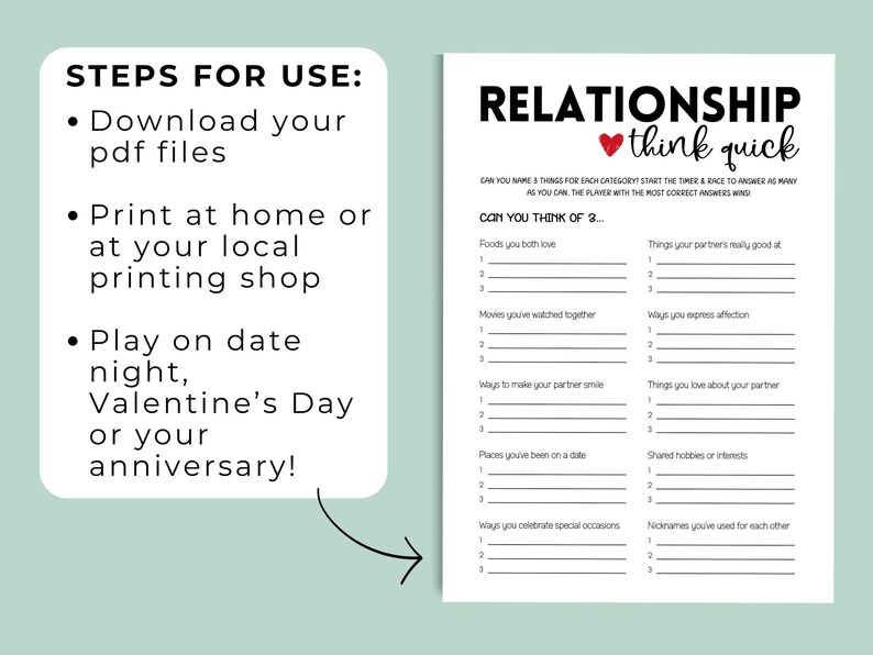 Relationship Think Quick, Couples Questionnaire, Valentines Day Games ...