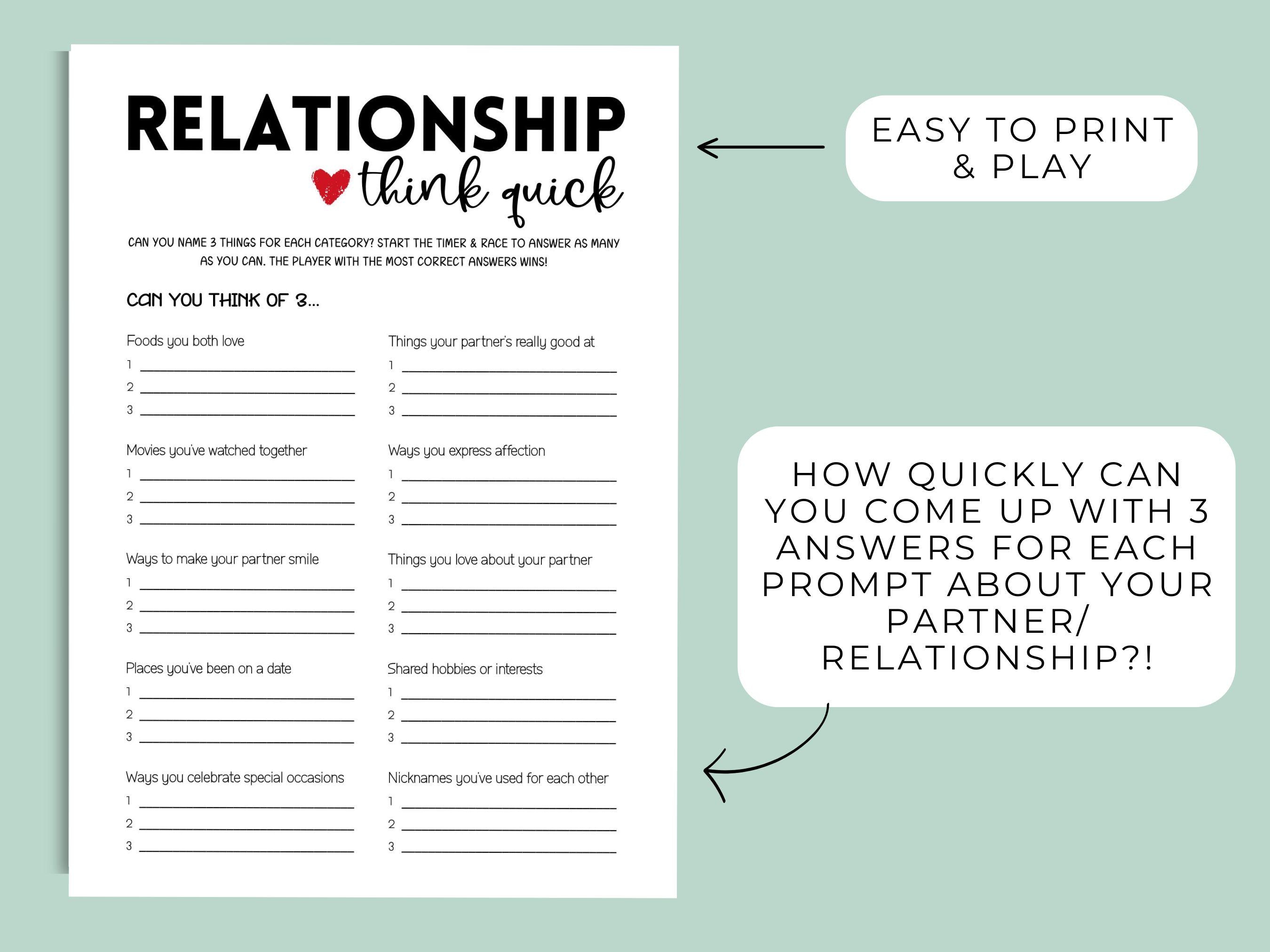 Relationship Think Quick, Couples Questionnaire, Valentines Day Games ...