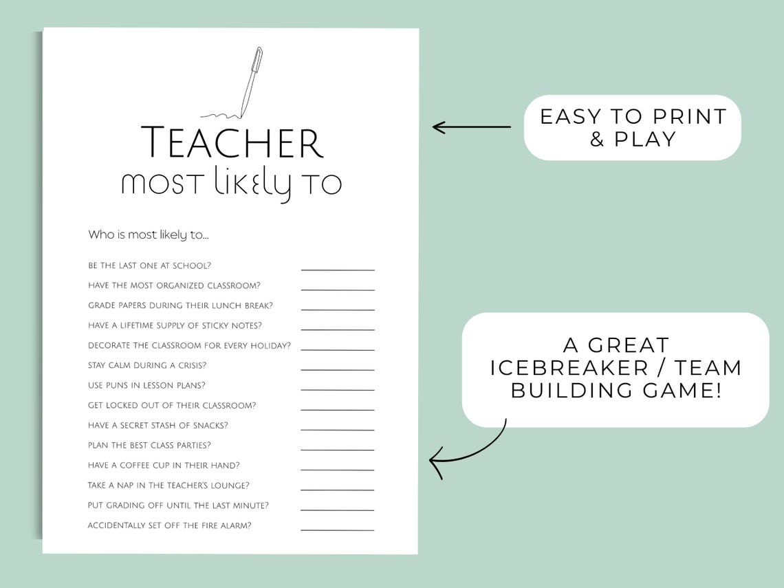 Teacher Team Building Games, Most Likely to Questionnaire, Teacher Quiz ...