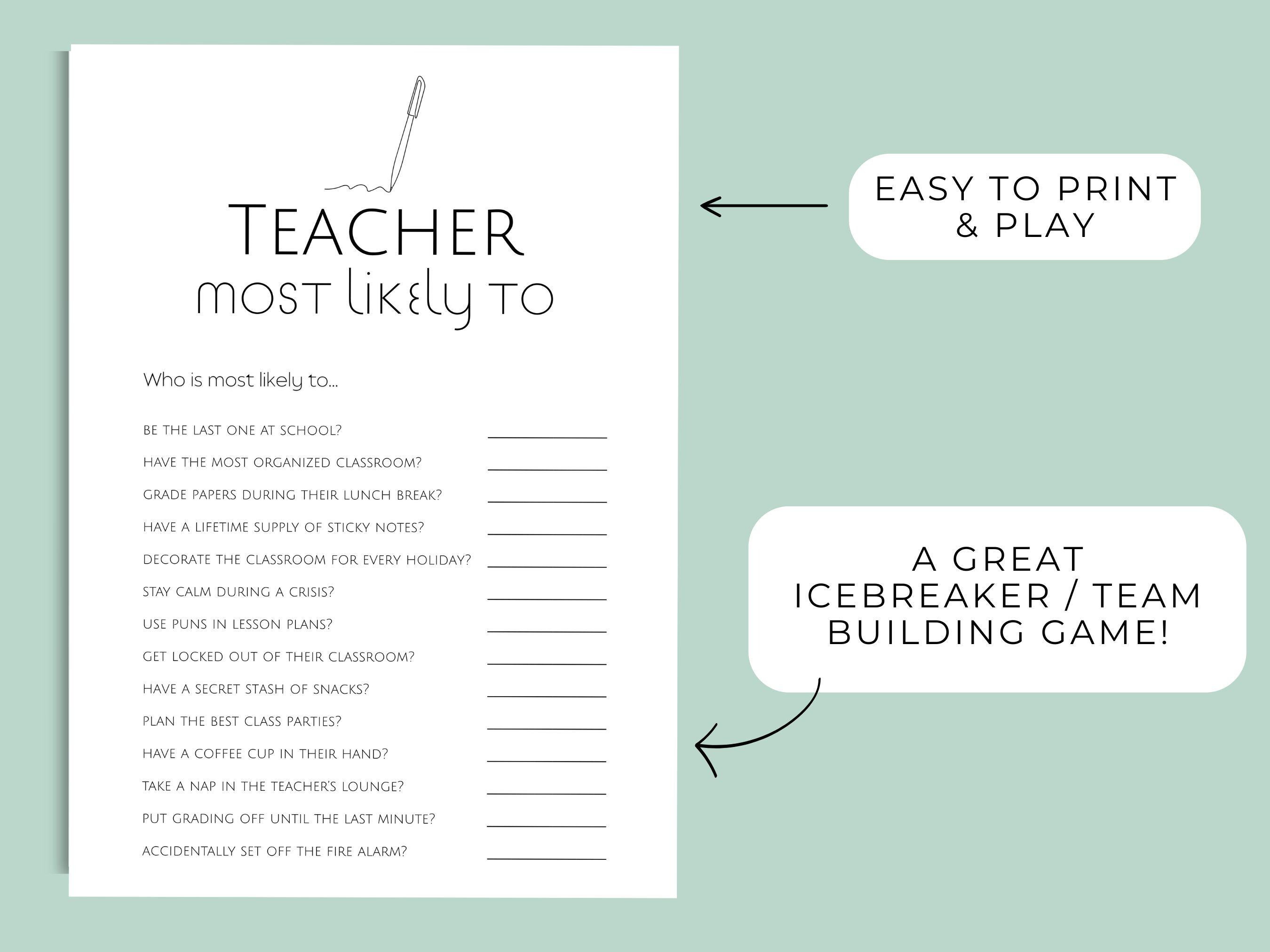 Teacher Team Building Games, Most Likely to Questionnaire, Teacher Quiz ...