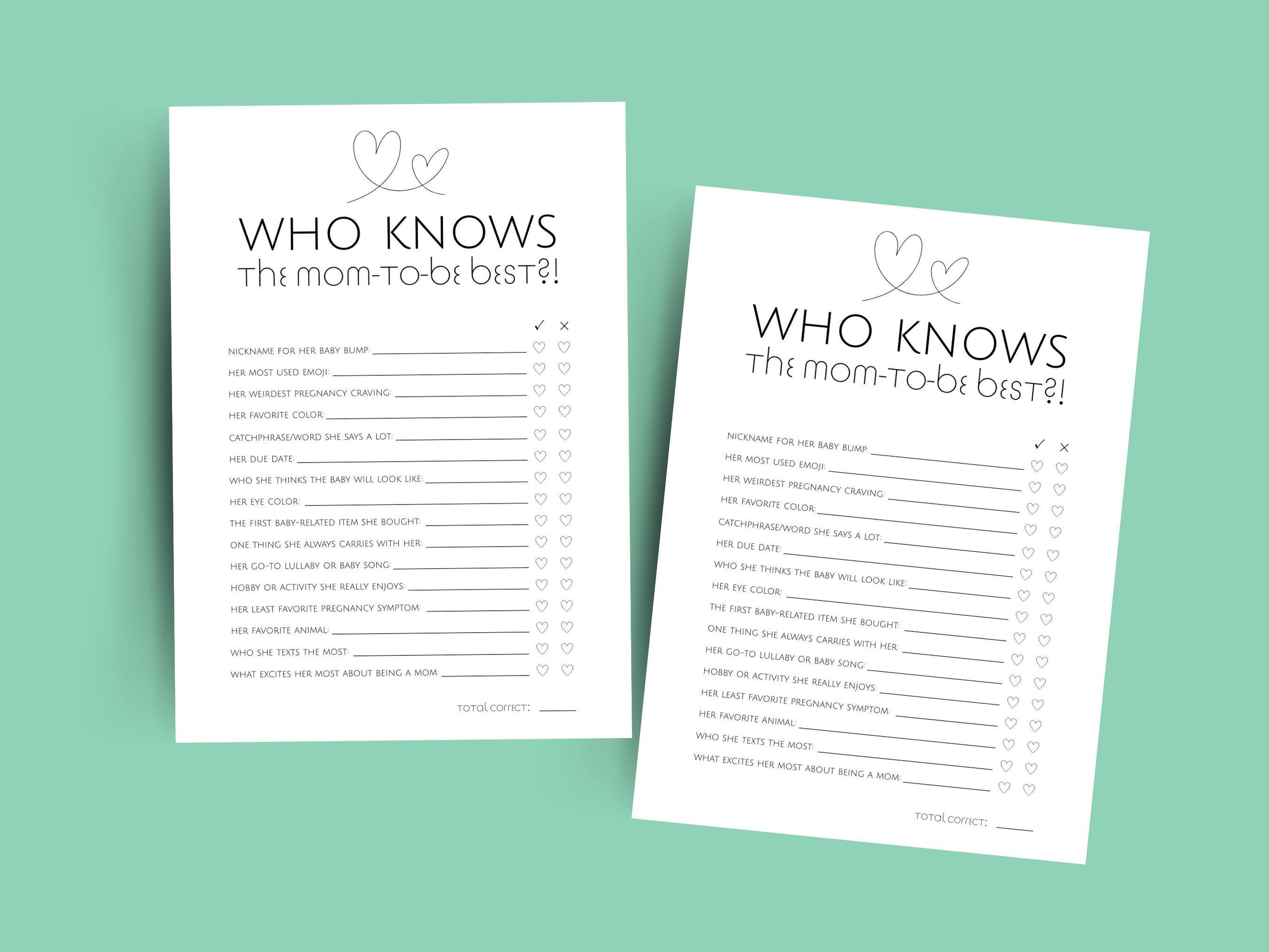 Who Knows the Mom to Be Best, Baby Shower Questionnaire, Baby Shower ...