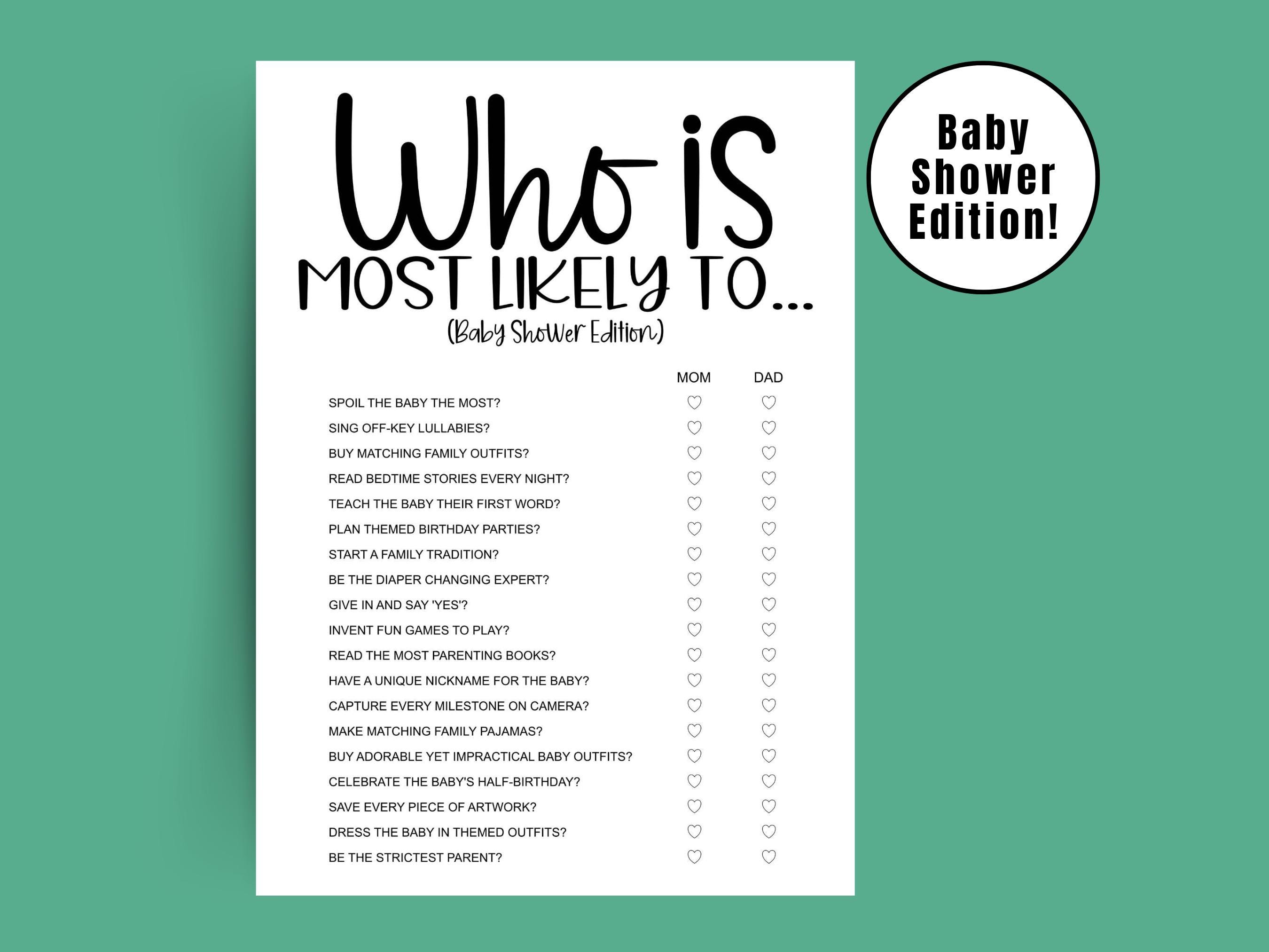 Baby Shower Most Likely To, Baby Shower Activity, Baby Shower Trivia ...