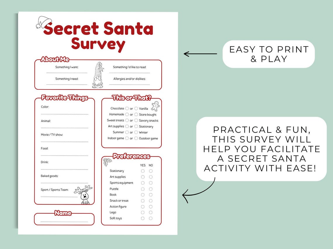 Secret Santa Survey . Secret Santa for Kids . Secret Santa Forms . Gift ...