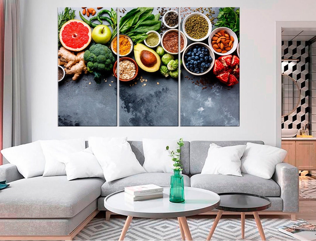 Healthy Food Wall Art Kitchen Framed Picture Fruits Vegetables Assorted ...