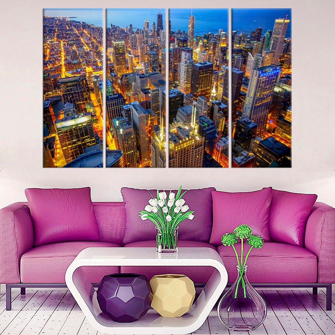 Illinois Print Chicago Night View City Skyline State Lake - Etsy