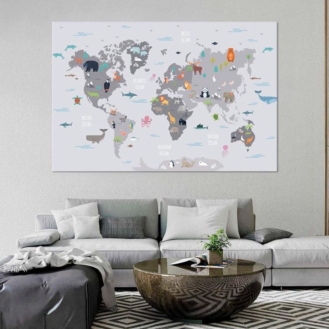 World Map for Kids Animal Map Canvas Print Nursery World Map Art Kids ...