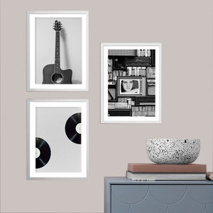 Music Modern Art Home Decor - Black and White Photo Set of 3 - Guitar ...
