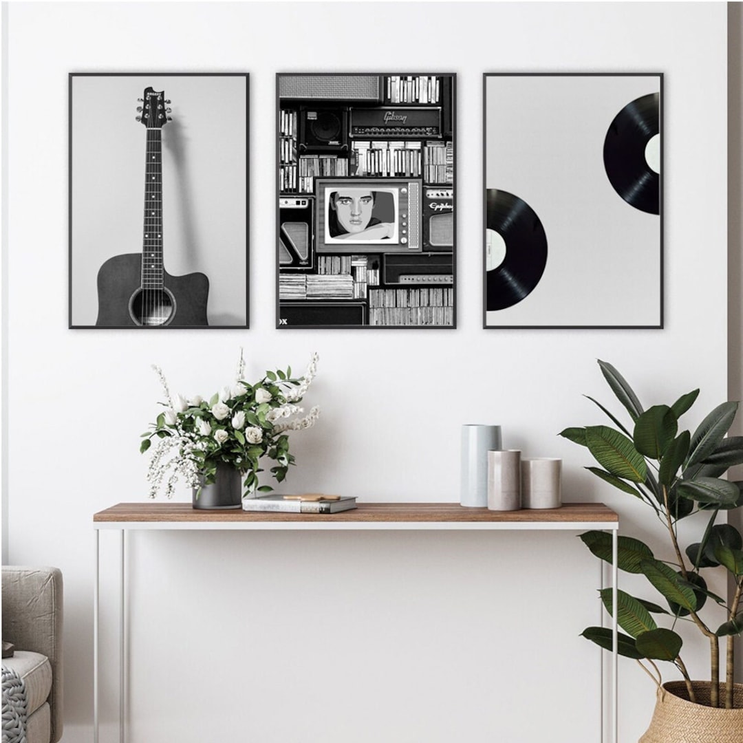 Music Modern Art Home Decor - Black and White Photo Set of 3 - Guitar ...