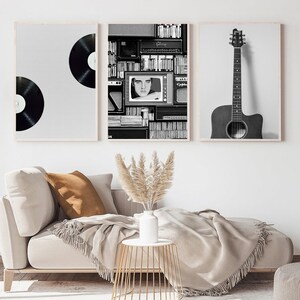 Music Modern Art Home Decor - Black and White Photo Set of 3 - Guitar ...