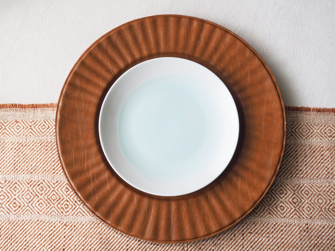 Handcrafted Vegan Leather Charger Plate: 13-inch Fluted Camel ...