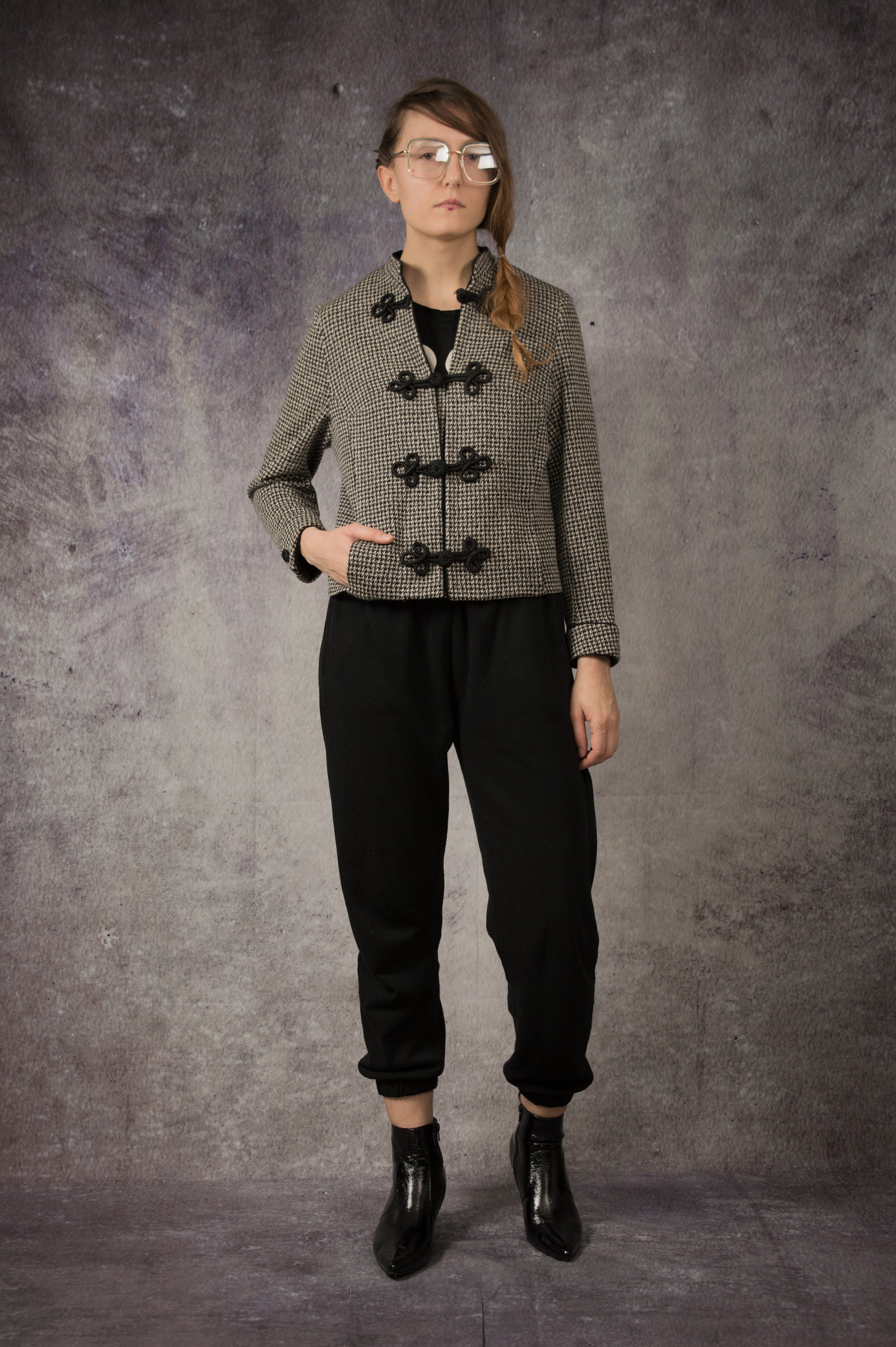 90s Cropped Blazer With Frog Closure Houndstooth Pattern in - Etsy