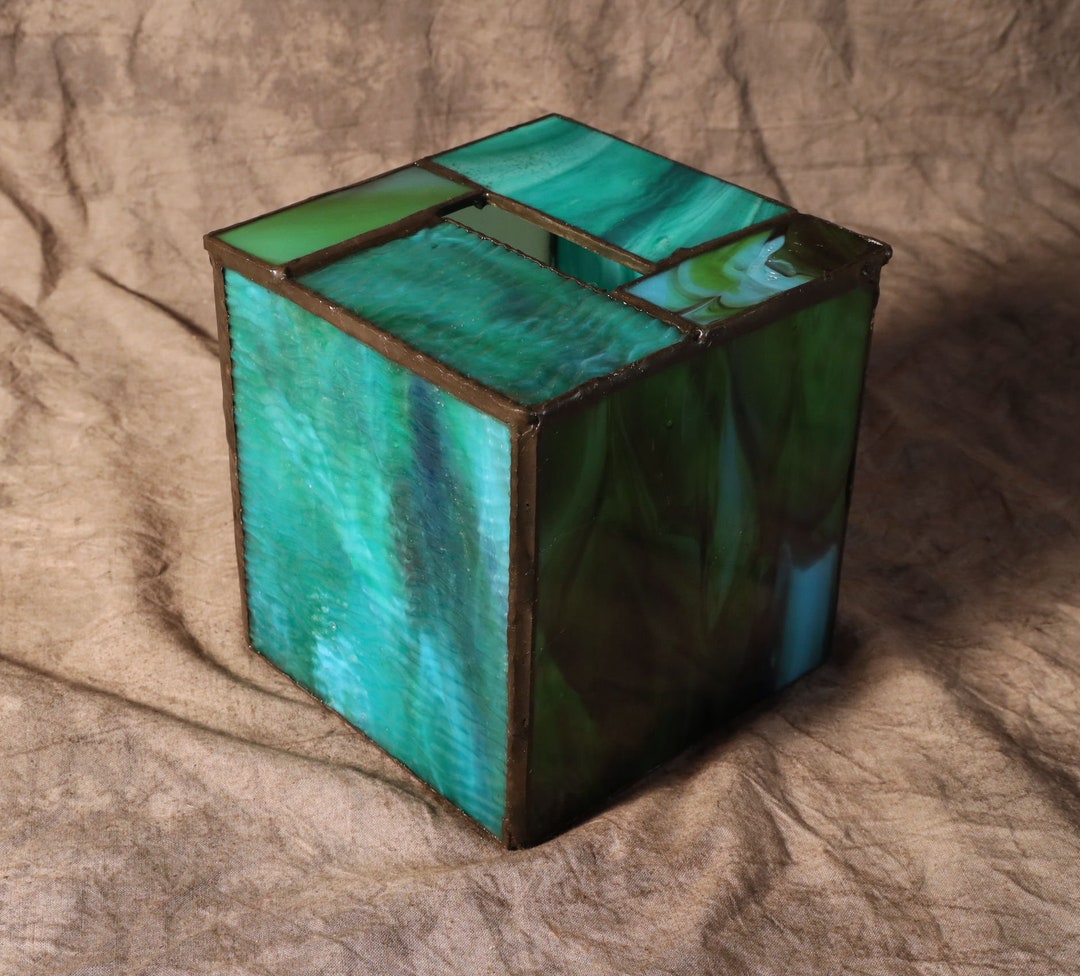Stained Glass Tissue Box Cover in White, Green Waves, Green Storm, Sea ...