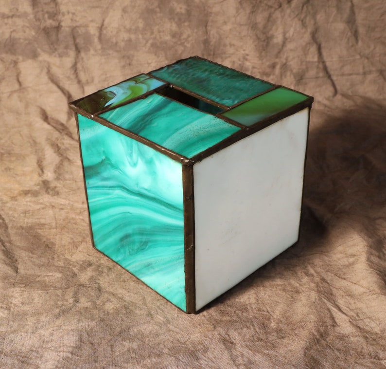 Stained Glass Tissue Box Cover in White, Green Waves, Green Storm, Sea ...