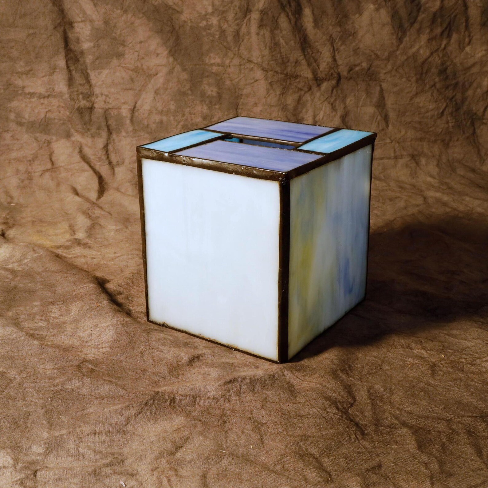 Stained Glass Tissue Box Cover in Blue White, Blue Opalescent, White ...
