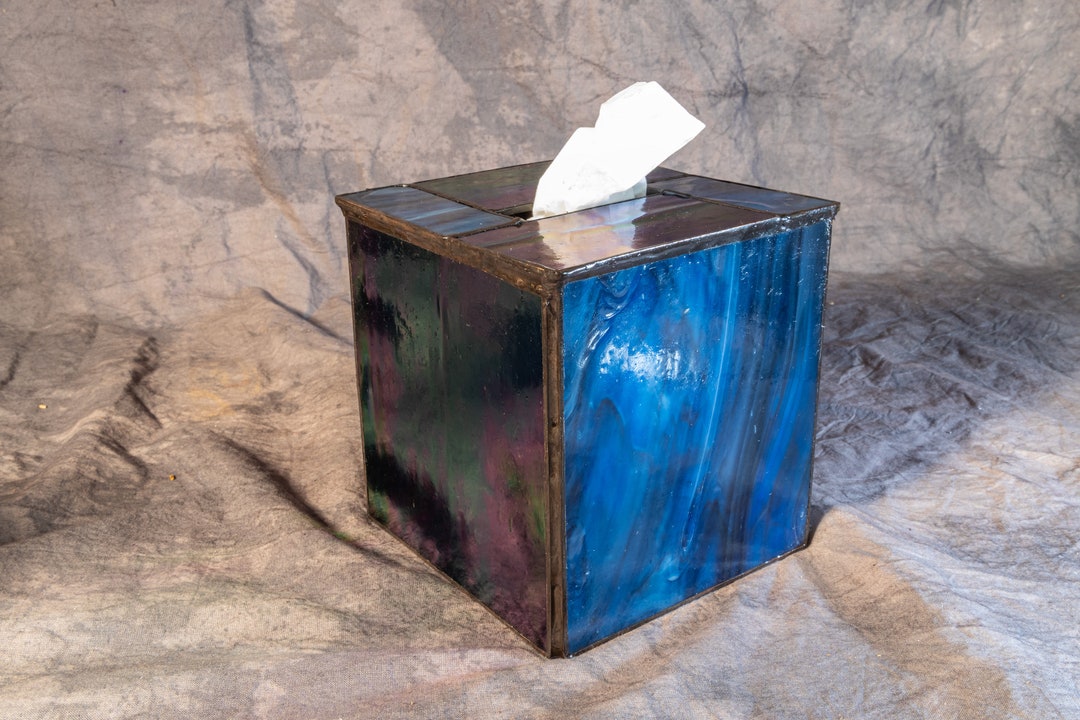 Stained Glass Tissue Box Cover in Blue, Black Opalescent and Grey - Etsy