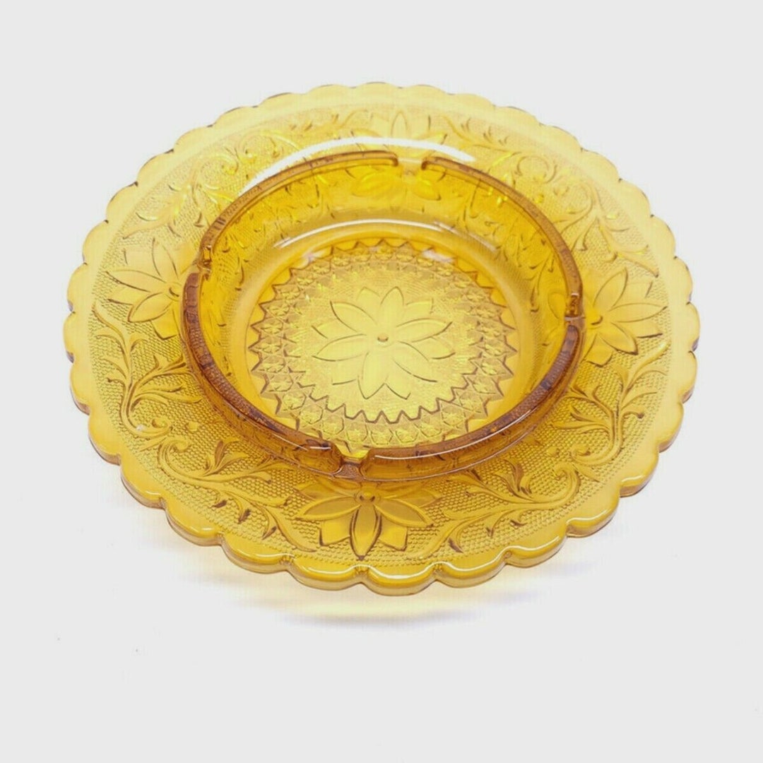 Vintage Amber Glass Round Heavy Scalloped Edges Floral Design Ashtray ...