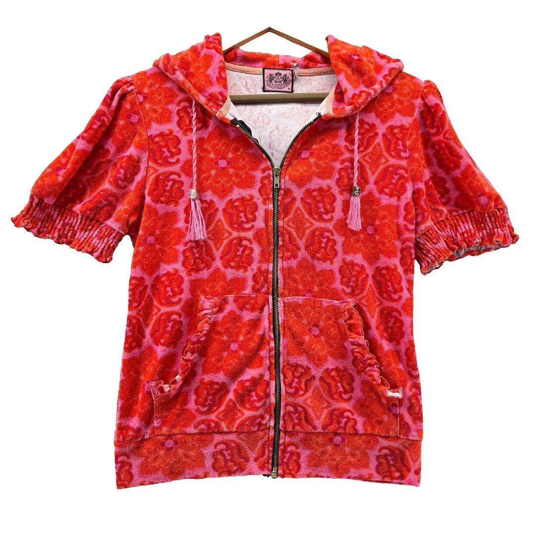 Vintage Y2K Juicy Couture Terry Cloth Hoodie Size XL Orange Pink Floral ...