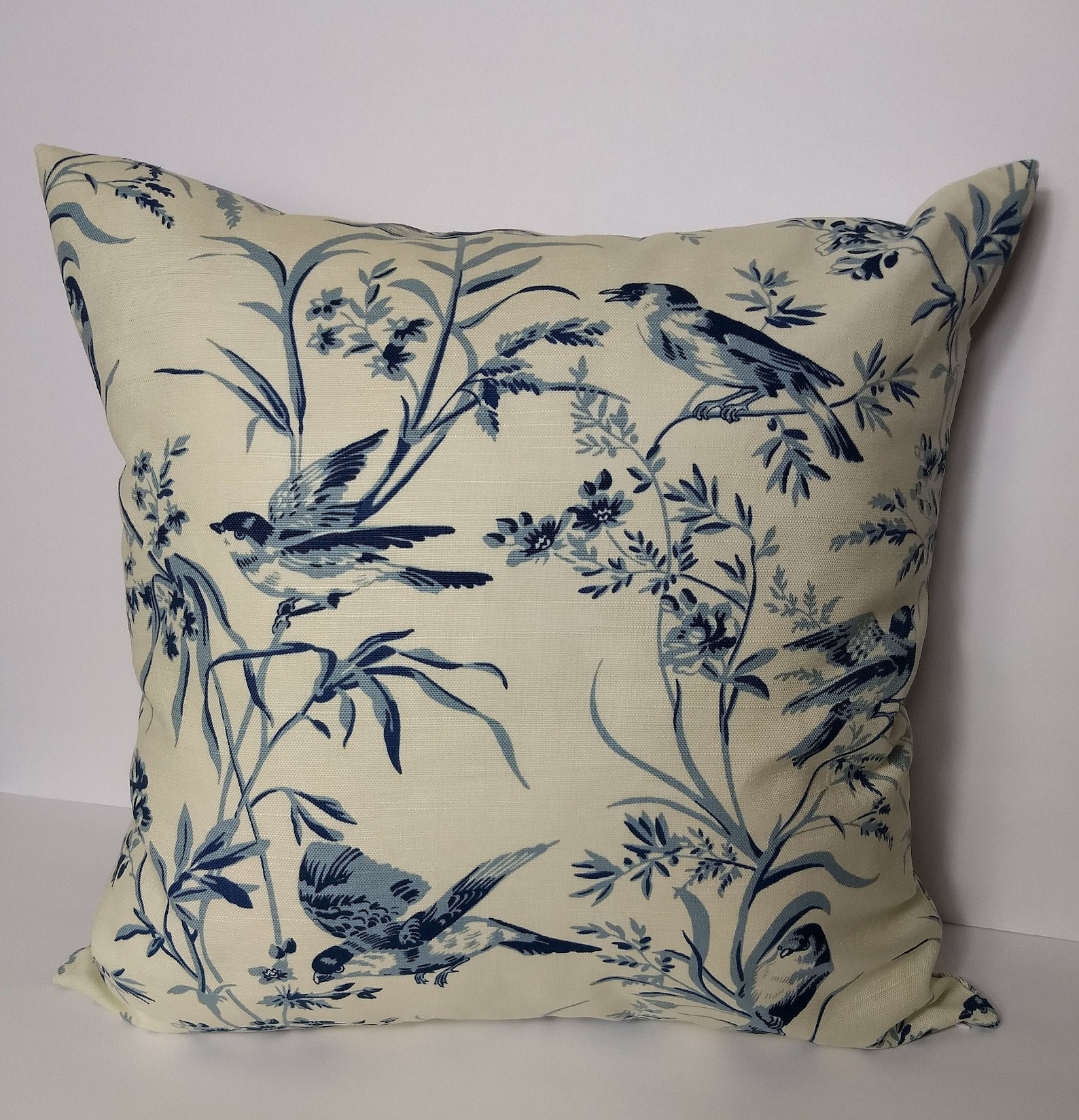 French General Aviary Toile Bird Blue Ivory Throw Pillow Cover | Etsy