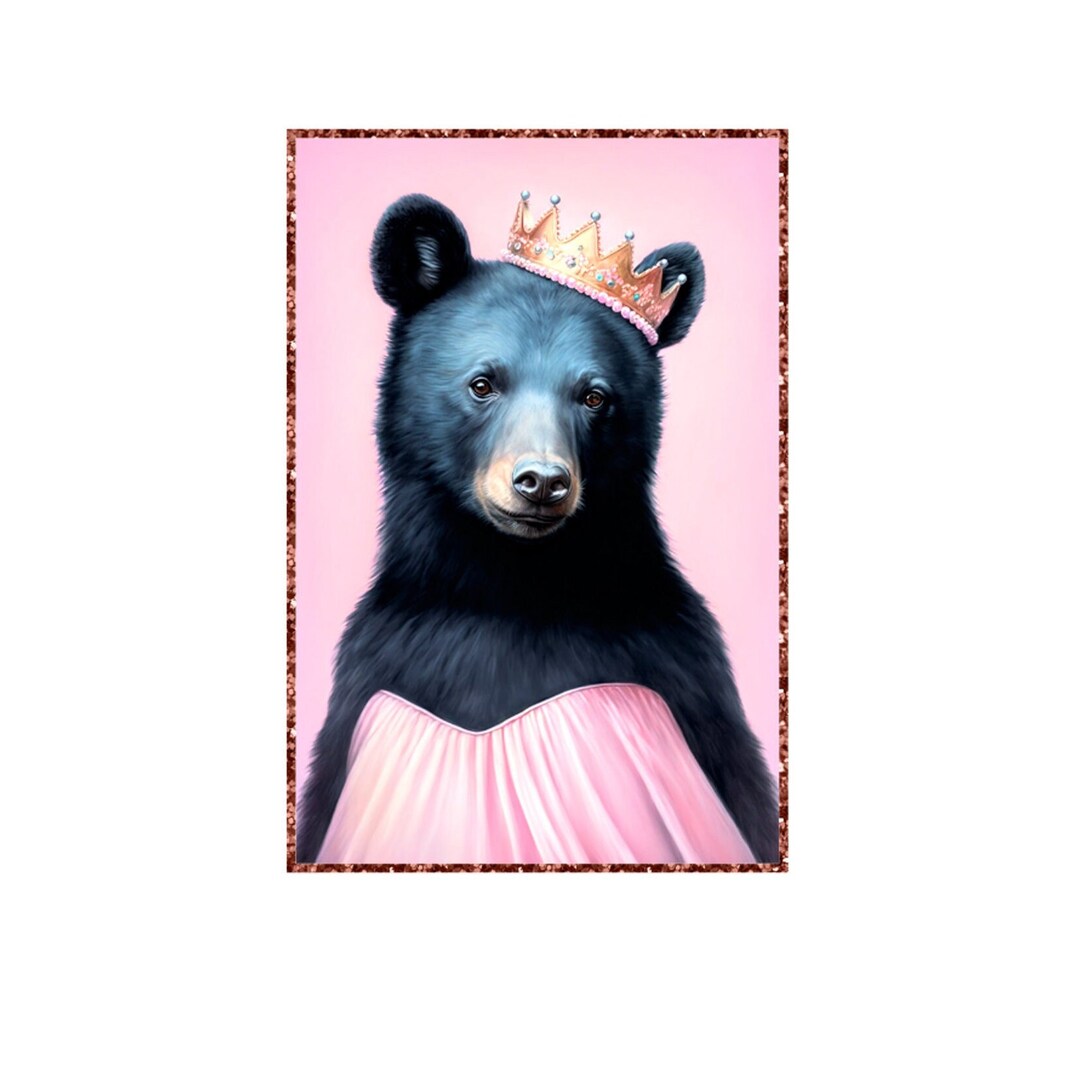 Pink Princess Black Bear Realistic Digital Art Print Nature Lover Wall ...